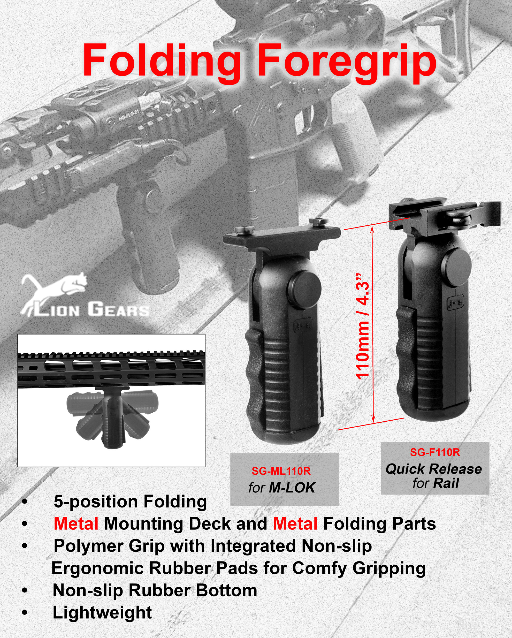 Lion Gears 5-position Compact Folding Foregrip with Metal Quick Release ...
